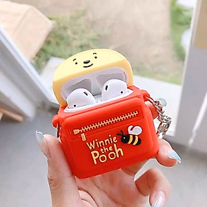 Cute AirPod Case Cover for Apple AirPods 1 2 with Keychain Clasp Winnie The Pooh Bear Backpack Bag Soft Silicone 3D Disney Disneyland Cartoon Cute Lovely Fun Kids Teens Girls Daughter Boys Son