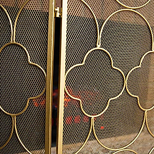 Barton 49" x 30" Fireplace Screen Gold Iron Mesh Geometric 3 Panel Fire Door Freestanding Cover Decorative Spark Guard Gate Grate