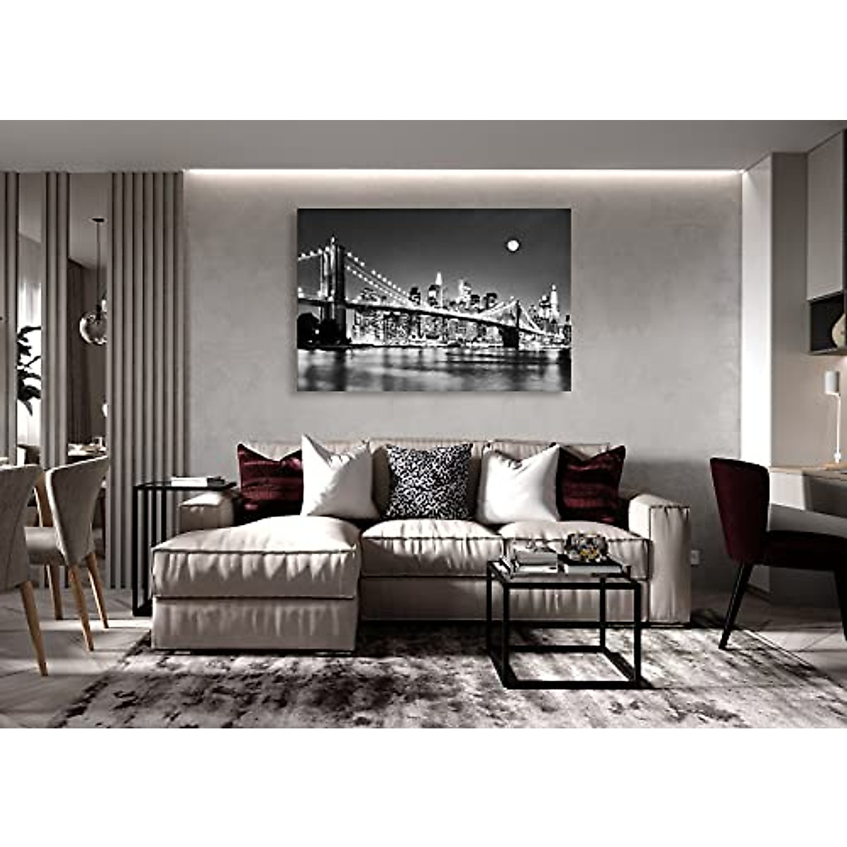 Baisuart-Q30369 Brooklyn Bridge Night View 1 Panels Landscape Artwork Canvas Prints Moon Night New York City Scene Picture Paintings Black and white Wall Art for Oiffce Home Decorations Wall Decor