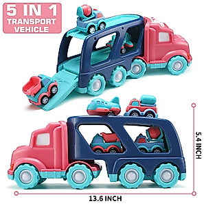 Transport Car Carrier Truck Set with Light and Sound, 5 in 1 Pink Double Deck Container Truck with 4 Mini Cartoon Pull Back Vehicle Construction Car, Gift Toy for Girl Toddler Kid Christmas Birthday