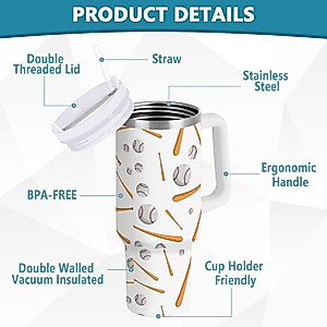 ARGTILDN 40 oz Tumbler Baseball Sport Play Insulated Travel Mug with Handle and Straw Lid Stainless Steel Vacuum Coffee Cup Tea Beverage Container Water Bottles for Car Sports office