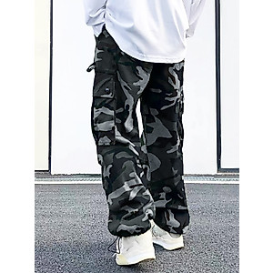 WDIRARA Men's Camo Print Drawstring Flap Pocket Side High Waist Cargo Pants Grey Camo L
