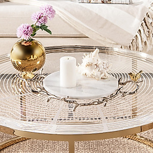 Vespa 17" Branch with Birds Decorative Round Marble Tray, White Marble