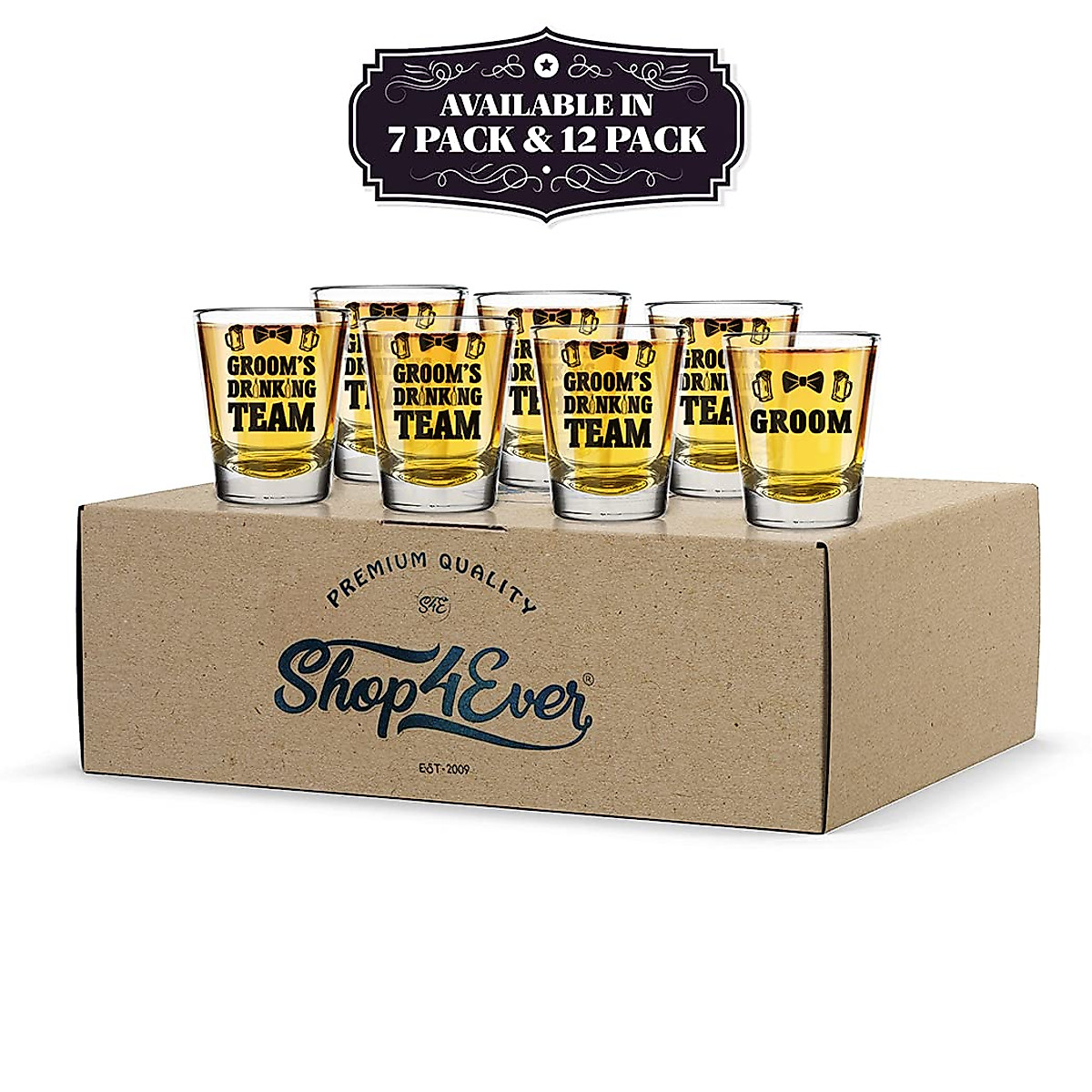 shop4ever Groom Bowtie and Groom's Drinking Team Shot Glasses ~ Bachelor Party Favors ~ Wedding Shot Glasses (7 Pack)