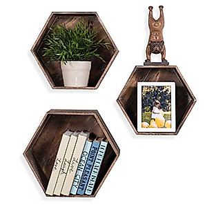 Rustic State Brooks Wall Mount Hexagon Honeycomb Box Geometric Floating Shelf Display Hanging Bookshelf Decorative Picture Ledge with Wood Back - Distressed Walnut - Multi Sizes - Set of 3