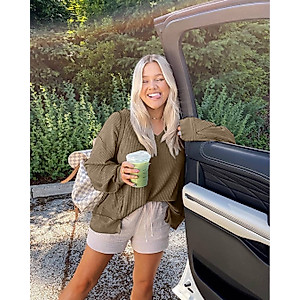 ASTANFY Womens Long Sleeve Sweatshirts Waffle Knit Shirts V Neck Solid Color Pullover Casual Loose Fit Tunic Tops