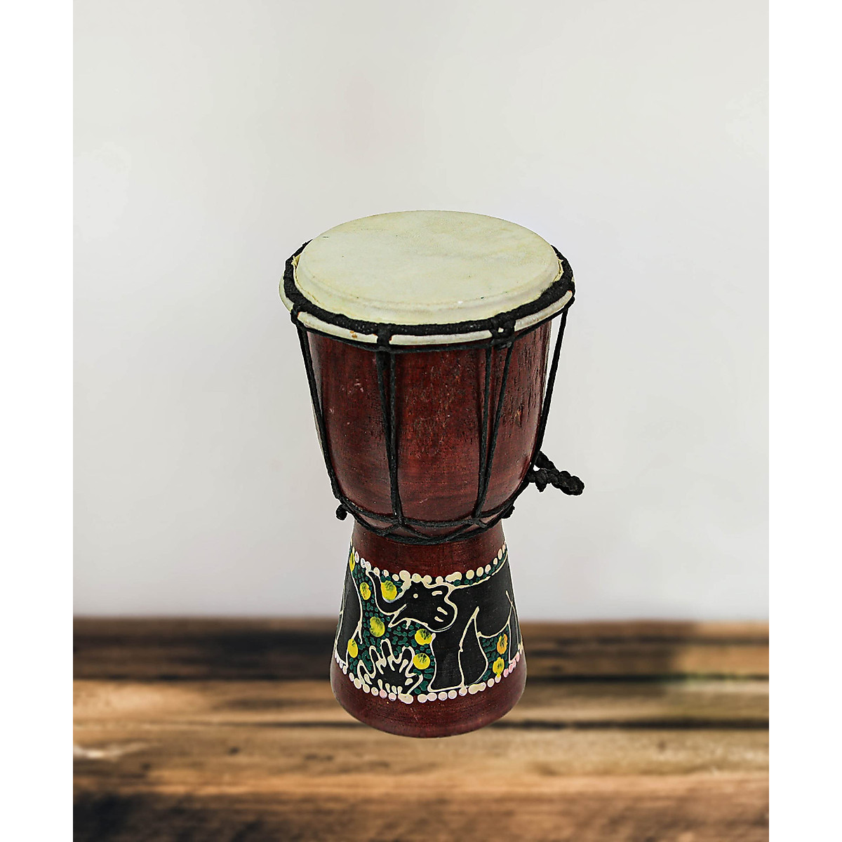 Aboriginal Dot Painted Elephant Djembe Drum 8 Inches Tall 4.5 Inch Diameter