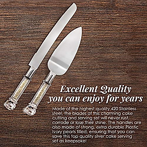Homi Styles Wedding Cake Knife and Server Set | Plastic Faux Ivory Pearl filled Handles & Premium 420 Stainless Steel Blades | Cake Cutting Set for Wedding Cake, Birthdays, Anniversaries, Parties