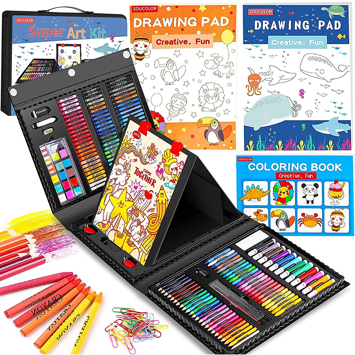 Soucolor Art Supplies, Drawing Set Art Kits with Trifold Easel, 2 Drawing Pad, 1 Coloring Book, Crayons, Pastels, Watercolors, Pencils, Arts and Crafts Gifts Case for Kids Girls Boys Teens Beginners