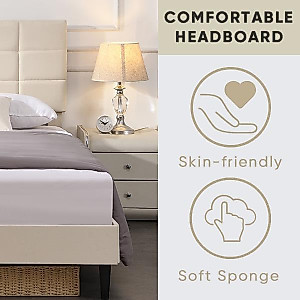 RIDFY Queen Bed Frame with Fabric Headboard, Upholstered Platform Bed Frame, Heavy Duty BedFrame with Wood Slat Support, Mattress Foundation/No Box Spring Needed/Easy Assembly (Beige)