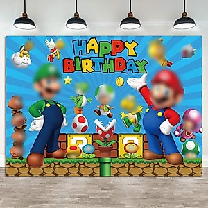 Super Brother Happy Birthday Backdrop Video Adventure Game Children Boy Photo Theme Party Decorative Shooting Gold Coin Mushroom Blue Element Prop Banner (5x3FT(150x90cm))