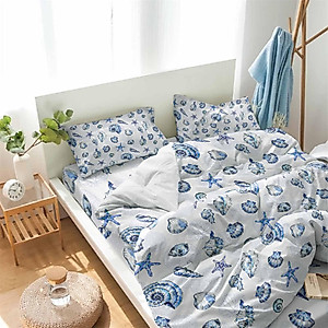 Cal KingDuvet Covers Set Coastal Beach Starfish Shells Seamless 4 Pcs Bedding Sets Brushed Microfiber Quilt Covers Lightweight Cozy Flat Sheet with 2 Pillowcases Nautical Conch Blue Gradient