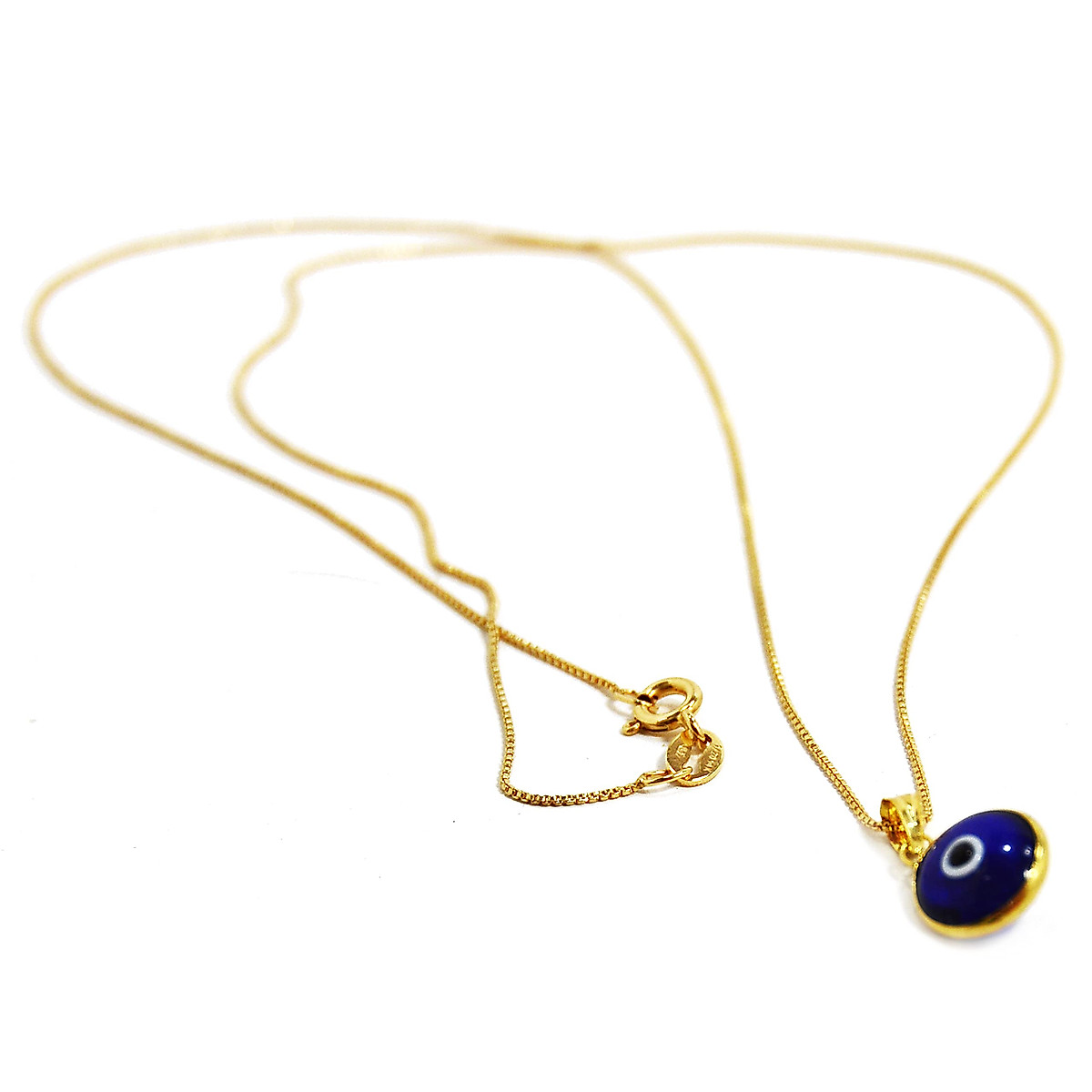 14K Gold Filled Box Chain Necklace 20 Inches Long with 10 MM Blue Glass Evil Eye Protection Charm for Women - 14K Gold Filled Jewelry Made in Italy