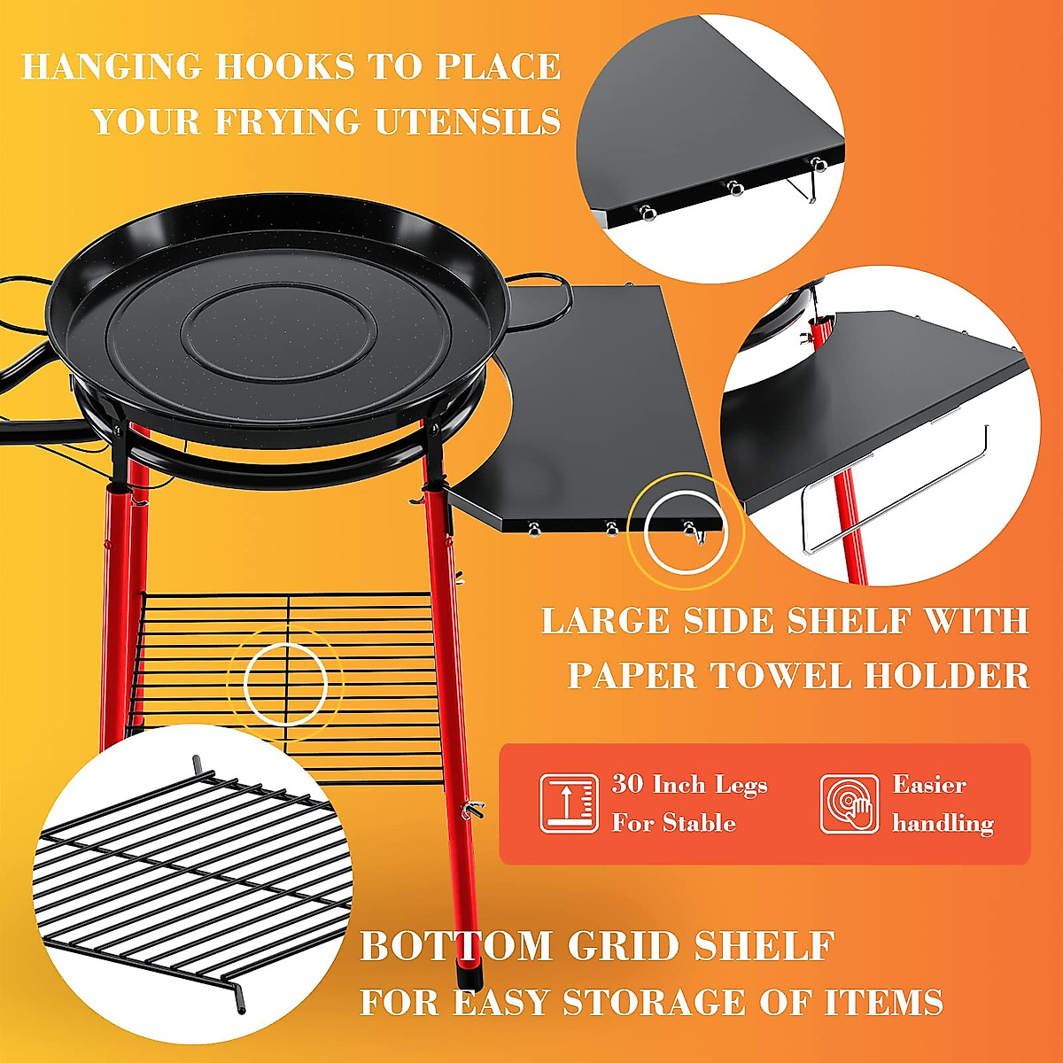 GRISUN Tabarca Paella Pan Set with Paella Burner, 20 Inch Enameled Steel Paella Pan with Side Shelf, 4 Reinforced Legs with Bottom Shelf, Paella Burner with Regulator Hose and Igniter (14 Servings)