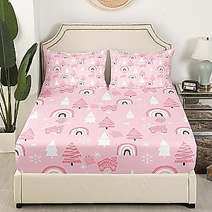 Christmas Tree Sheet Set Merry Christmas Bed Set for Kids Boys Girls Pink Decor Kawaii Rainbow Bed Sheets Cute Sweet Sheets Room 4Pcs Full Size