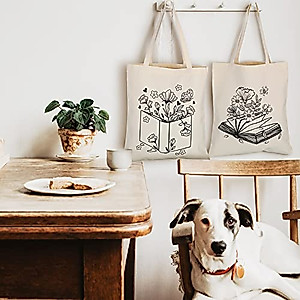 Oudain 4 Pcs Cat Tote Bag for Women Floral Book Space Mushroom Canvas Tote Bag Bulk Cute Aesthetic Library Shoulder Tote Bag (Floral)