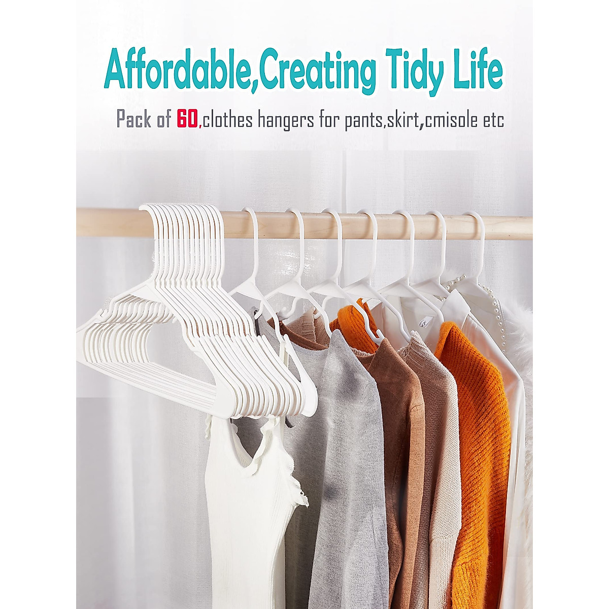Smartor Plastic Hangers 60 Pack, Tubular Plastic Hangers, Space Saving Clothes Hangers Plastic, Slim Plastic Hanger Shirt Hangers for Clothes, Polo Shirts, Blouses and Short - White