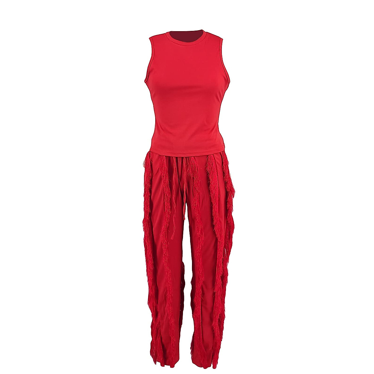 Vakkest Tassel Bodycon Long Pants Tracksuit Sets for Women Ladies Girls Females Two Piece Outfits Solid Color Activewear