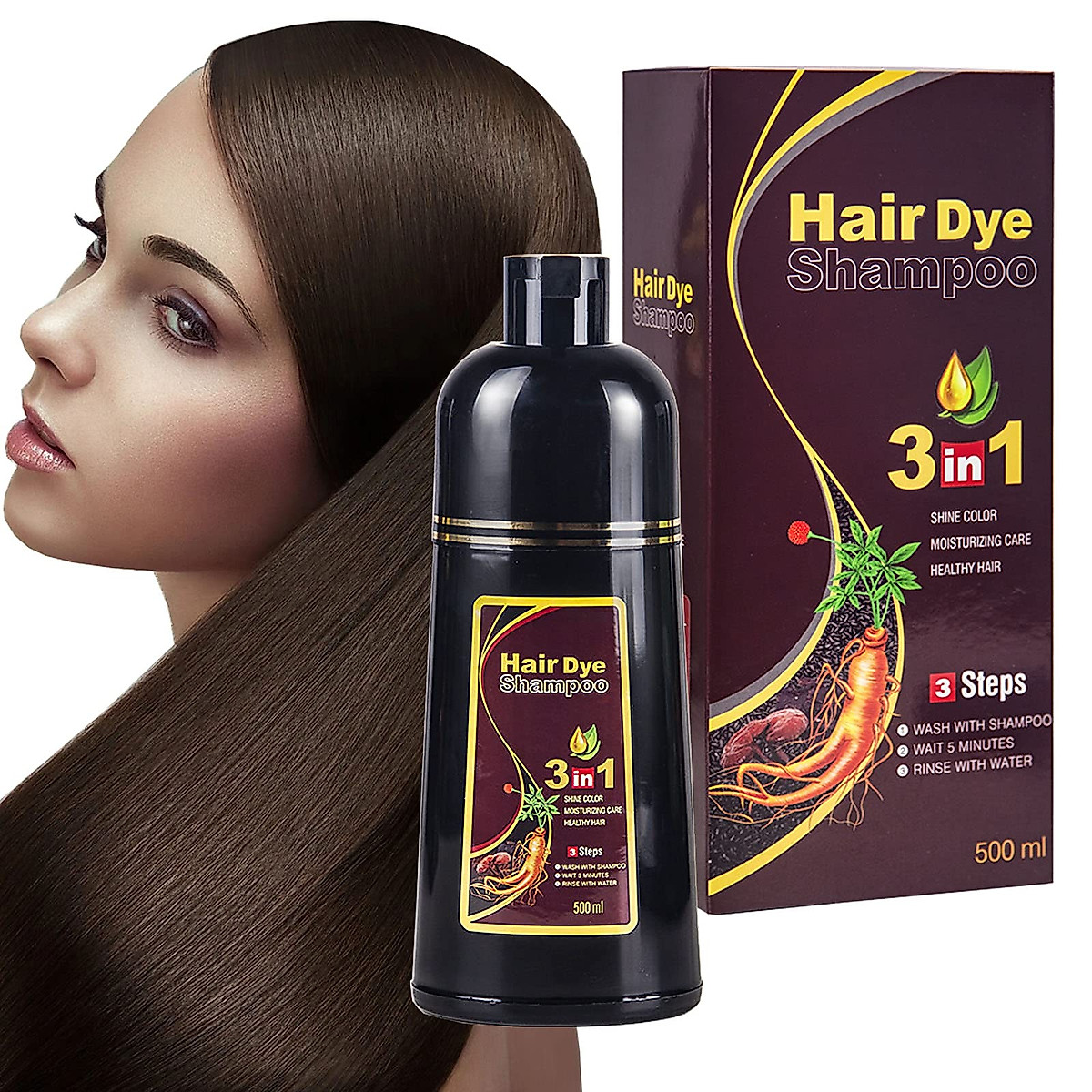 500ml Natural Herbal Black Color Instant Dye Shampoo, 3 in 1 Moisturizing and Smoothing Shampoo for Easy-to-use Hair Dyeing (Dark wine red)