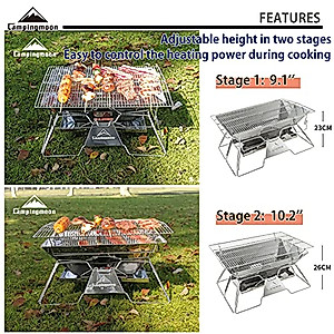 CAMPINGMOON Stainless Steel Portable Camping Fire Pit Foldable Wood Burning Charcoal Grill 20x13-inch with Carrying Bag MT-3
