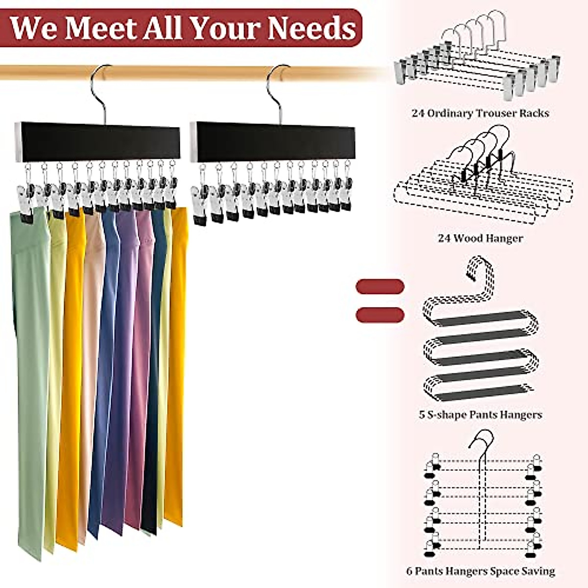 2PC Upgrade 12 Clips Pants Hangers Space Saving, Multifunctional Non Slip Leggings Pants Rack for Closet Organizers Storage with Roatable Hooks, for Jeans,Leggings,Trousers,Skirts