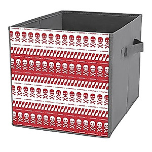 Caution Tape with Skulls Red Borders Storage Bins Cubes Foldable Fabric Organizers with Handles Clothes Bag Book Box Toys Basket for Shelves Closet 10.6"
