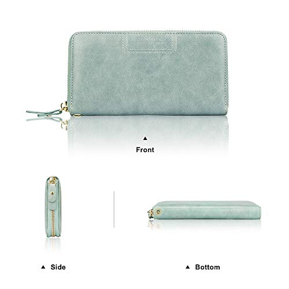 FT FUNTOR Wristlet Wallet for Women, Ladies Zip around Wallet PU Vegan Leather Clutch Bifold Long Purse Phone Card Holder Organizer Green