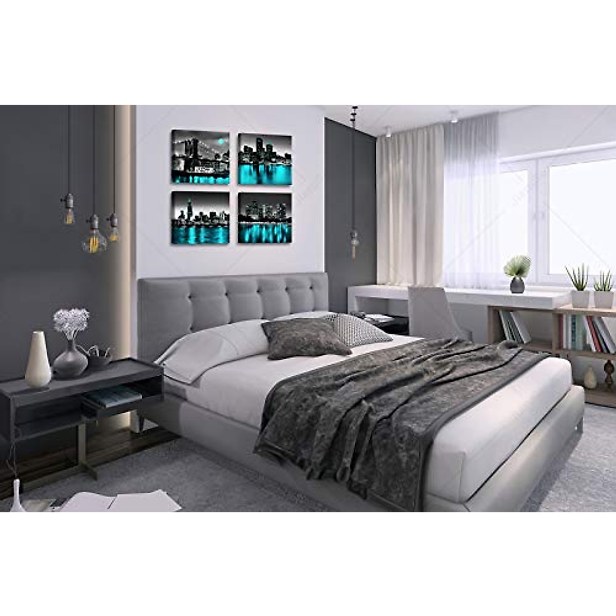 JiazuGo Wall Decorations Chicago Boston Los Angeles Brooklyn Bridge Skyline Canvas Art Black White USA New York City Pictures Teal Turquoise Lake Water Building Cityscape Home Living Room Office