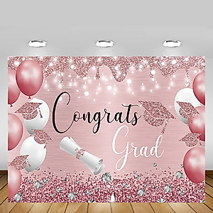 MEHOFOND 7x5ft Rose Gold Congrats Grad Backdrop Graduation Decorations Class of 2024 Ceremony Banner Pink and White Balloons Prom Supplies Photography Studio Props