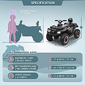 Joywhale 12V 2 Seater Kids Ride on ATV Car Battery Powered Electric Quad for Kids Ages 3-8, with DIY Sticker, 7AH Battery, Metal Suspension, Bright Headlights, Music, FM, Rear Pedal & Backrest, Pink