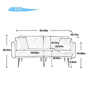RIDFY 65”Velvet Loveseat Sofa Converts to Bed,Mid Century Modern Sofa Bed w/Armrest,2-Seater Upholstered Tufted Love Seat Couch with Metal Legs for Small Space,Living Room,Bedroom,Blue