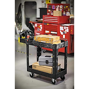 Rubbermaid Commercial Products 2-Shelf Utility/Service Cart, Small, Lipped Shelves, Ergonomic Handle, 500 lbs. Capacity, for Warehouse/Garage/Cleaning/Manufacturing (FG450088BLA)