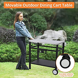Dining Cart,Outdoor Grill Cart,Stainless Steel,with 4 Hooks, Double-Shelf,Side Handle,Wheels,Cooking Table for Outdoors, Kitchen or Backyard, Movable BBQ Trolley,Multifunctional and Commercial