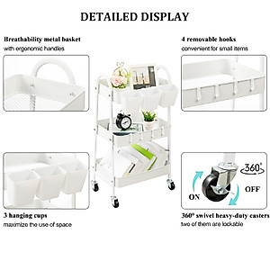 danpinera 3-Tier Rolling Cart, Metal Rolling Storage Cart with Lockable Wheels & Hanging Cups & Hooks, Mobile Trolley Cart for Kitchen, Bathroom, Office, Workshop, White