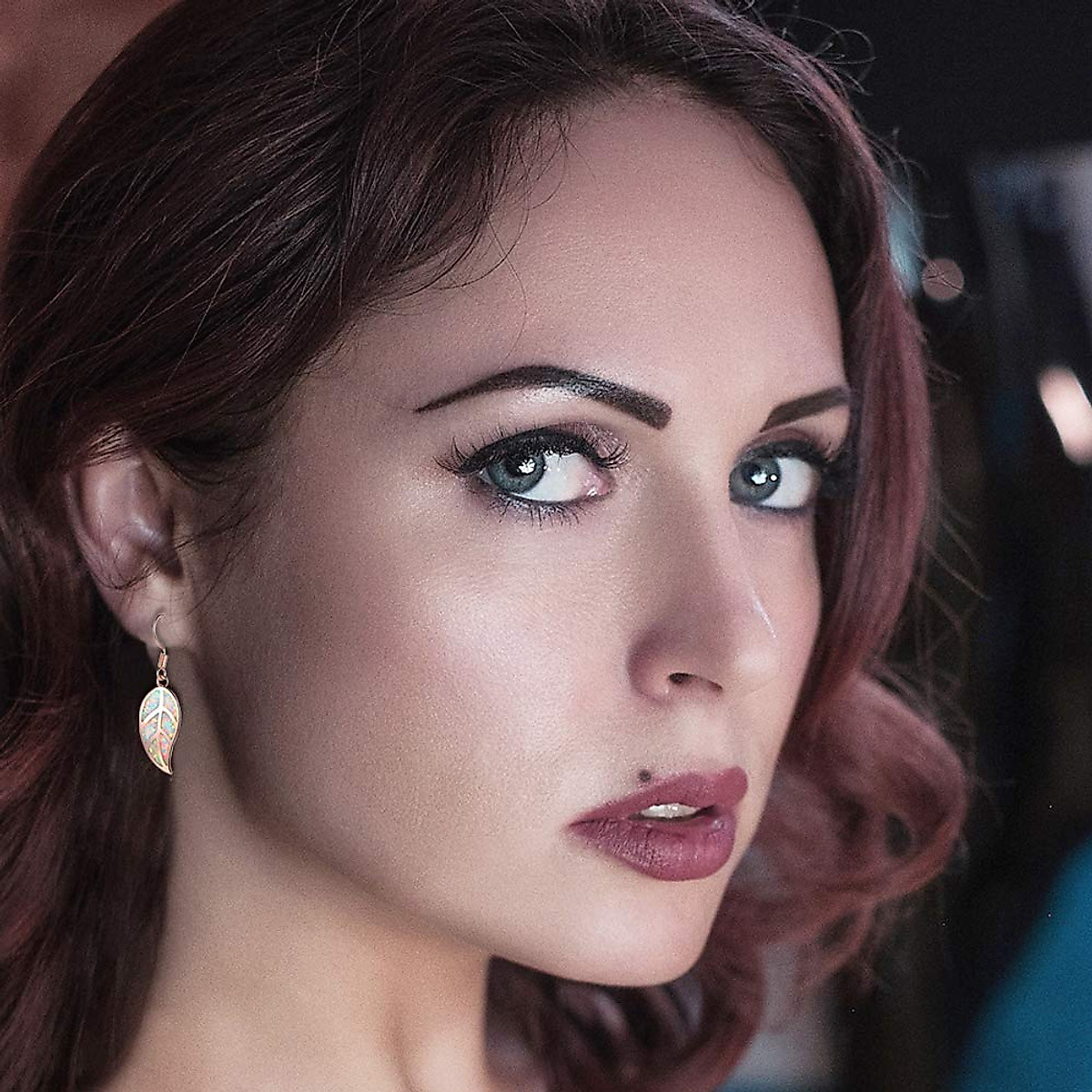 CINily Rose Gold Opal Dangle Earring-Leaf Drop Earrings White Opal Gemstone Dangle Earrings for Women