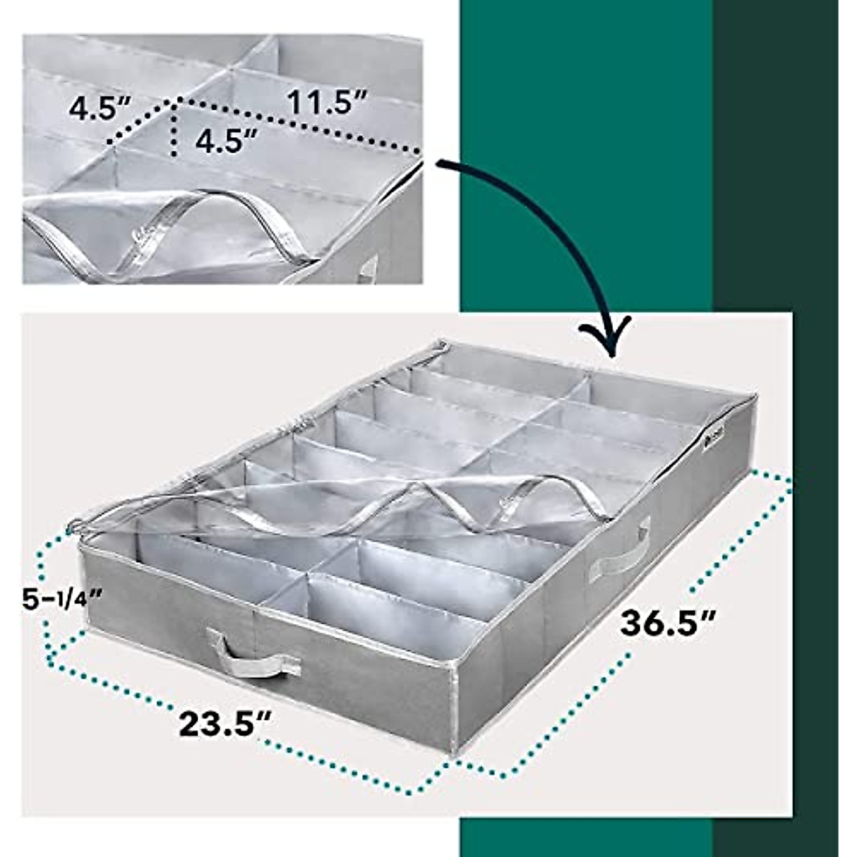 Under Bed Shoe Storage Organizer - TEAR-RESISTANT Heavy Duty 600D Material - Shoe Organizer Under Bed - Fits Men's and Women's Shoes, High Heels, and Sneakers - Up to 16 Pairs - Extra-Strong Zipper - Grey - Perfect for College Dorms