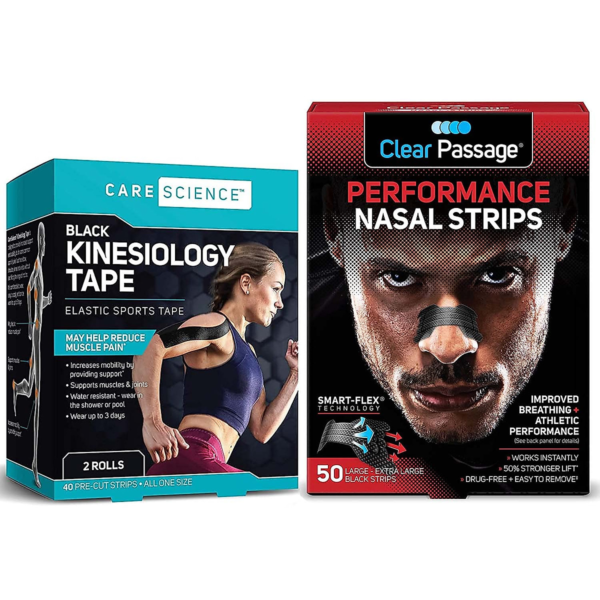 Care Science Waterproof Kinesiology Tape, 40 ct, Precut Strips (2 Rolls), Black + Clear Passage Performance Nasal Strips for Athletes, Black, 50 Count Bundle