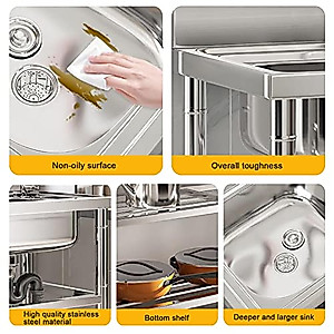 Large Single Bowl Sink Commercial Kitchen Washing Sink Free Standing Restaurant Sink Station Industrial Garage Sink w/Workbench & Storage Shelves (100cm/39.3in,Package A)