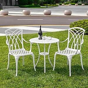 PATIO-IN 3 Piece Patio Set Cast Aluminum Patio Furniture Outdoor Bistro Table Set with Adjustable Foot Cap,Metal Bistro Table and Chair Set of 2 for Front Porch,Garden,White