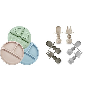 PandaEar Divided Unbreakable Silicone Baby and Toddler Plates & Baby Spoons and Fork Feeding Set