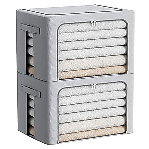 FHSQX Clothes Storage Bins,Foldable Clothing Storage Box,Stackable Steel Frame Oxford Fabric Organizer with Clear Window & Carry Handles