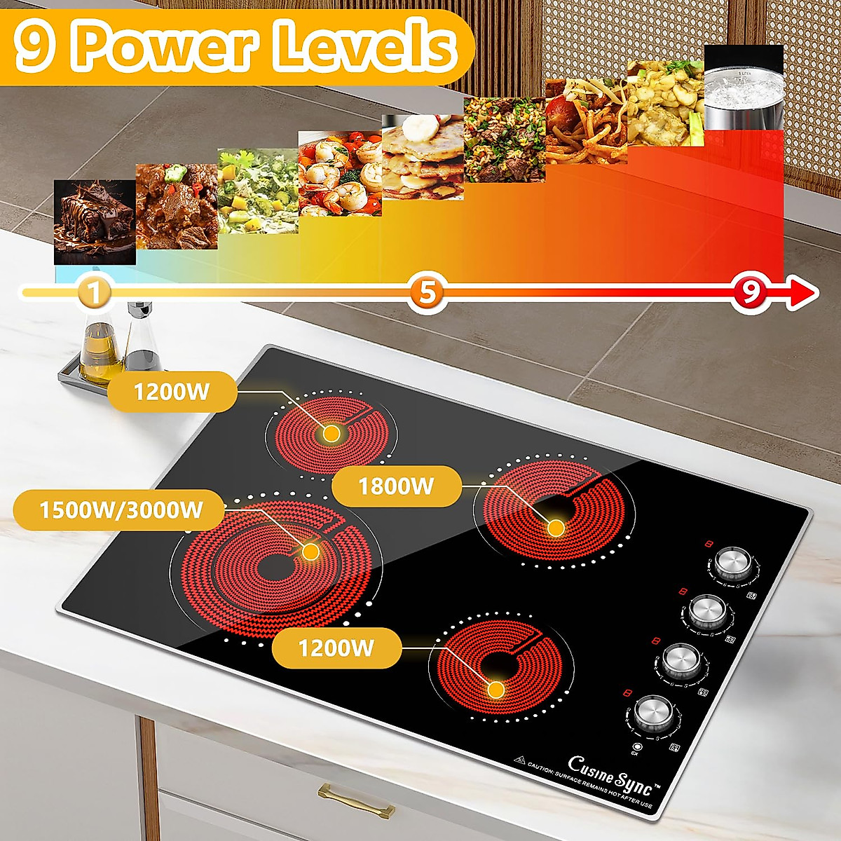 Cusinesync 30 Inch Electric Cooktop, 4 Burner Built-in Electric Stove Top with 9 Power Levels, Knob Control, Auto shutdown and Residual Heat Warning, 7200W, 220-240V for Hard Wire