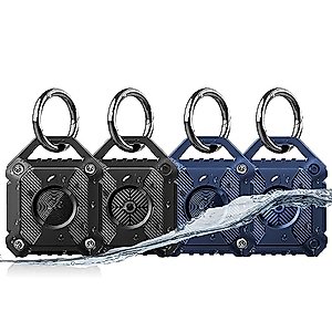 ONEJIE IP68 Waterproof Airtag Holder Case, Screw Full Cover Shock-Resistant Air Tag Key Ring, Anti-Theft Keychain Compatible with Apple Air Tag for Dog/Cat Collar, Luggage/Bag, Car Key (4 Packs)