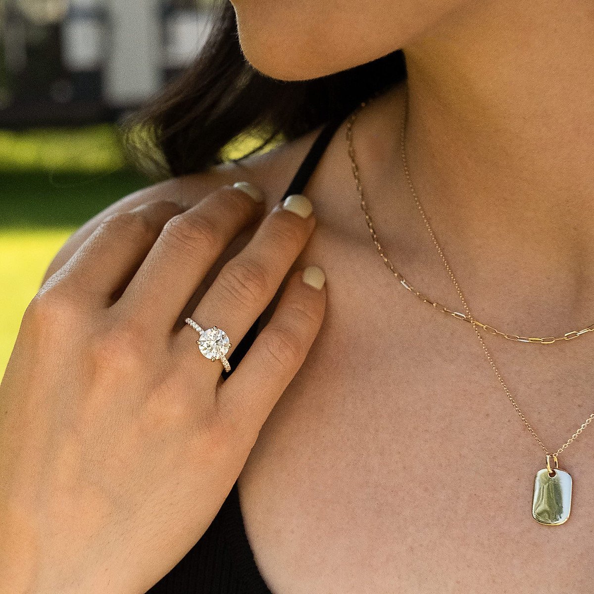 espere 3 Carat Round Moissanite Engagement Ring in 14K Yellow Gold Pavé Band | Round Brilliant Classic Paved Engagement Ring Size 6