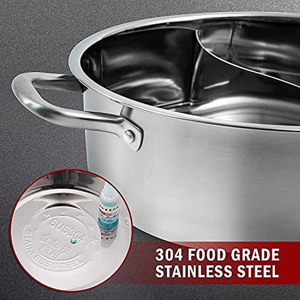 Panghuhu88 11inch Hot Pot with Divider Lid Stainless Steel Shabu Shabu Pot for Induction Cooktop Gas Stove Kitchen Cooker, Dual Sided Soup Cookware with 2 Soup Ladles