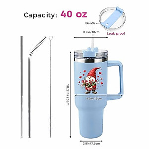 LB LEOBON 40 ounce insulated cup with handle, double-layer vacuum stainless steel material, equipped with straw, can keep warm or maintain cold drinks Gnome Love Bouquet P wathet
