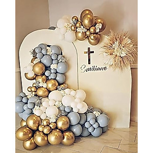Retro Gray Gold Baptism Balloon Garland, 143pcs Fog Gray White Chrome Gold Balloons for Baptism Boho Birthday Baby Shower Party Decorations Bridal Shower Wedding Party Supplies (Retro Gray)