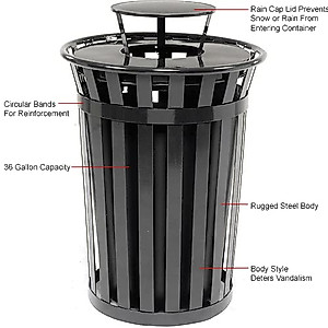 Global Industrial 36 Gallon Outdoor Metal Slatted Trash Receptacle with Rain Bonnet Lid, Black