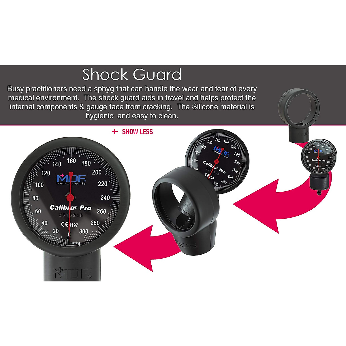 MDF Instruments, Extra Large Gauge Calibra Pro Aneroid Sphygmomanometer with Shock Guard & Adult Sized Cuff Included, Lifetime Calibration, Black Dial, Black Cuff, MDF808B11