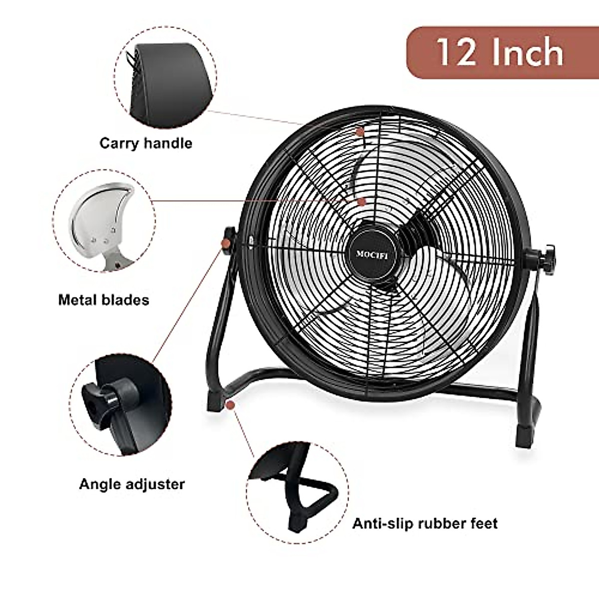 MOCIFI 12 Inch High Velocity Rechargeable Floor Fan with Metal Blade 12-Speed Portable Powered Operated Fan for Home, Travel, Commercial, Residential, Outdoor Indoor Use, Black